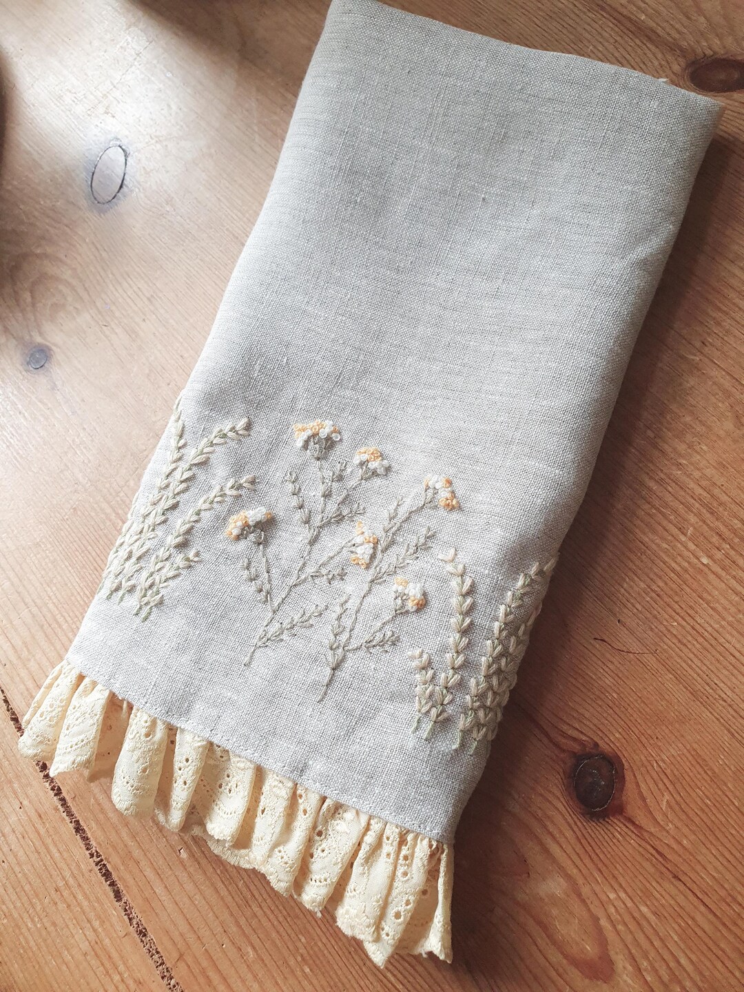 Hand Embroidered Linen Kitchen Towel With Vintage Lace Trim, Rustic ...