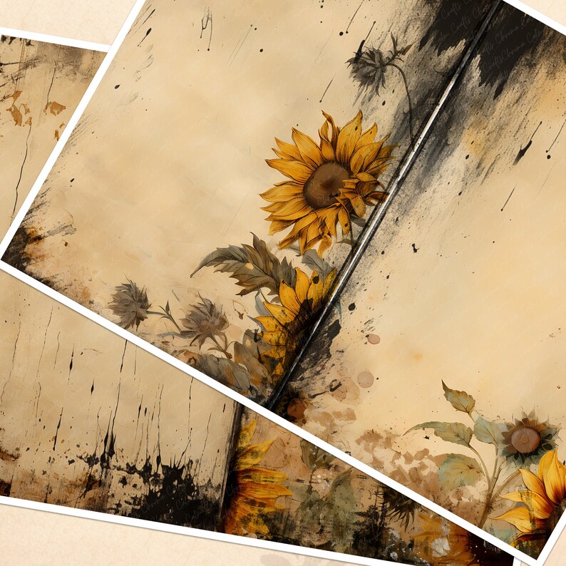 Sunflower Journal Pages, Floral Grungy Junk Journals, Printable Grunge ...