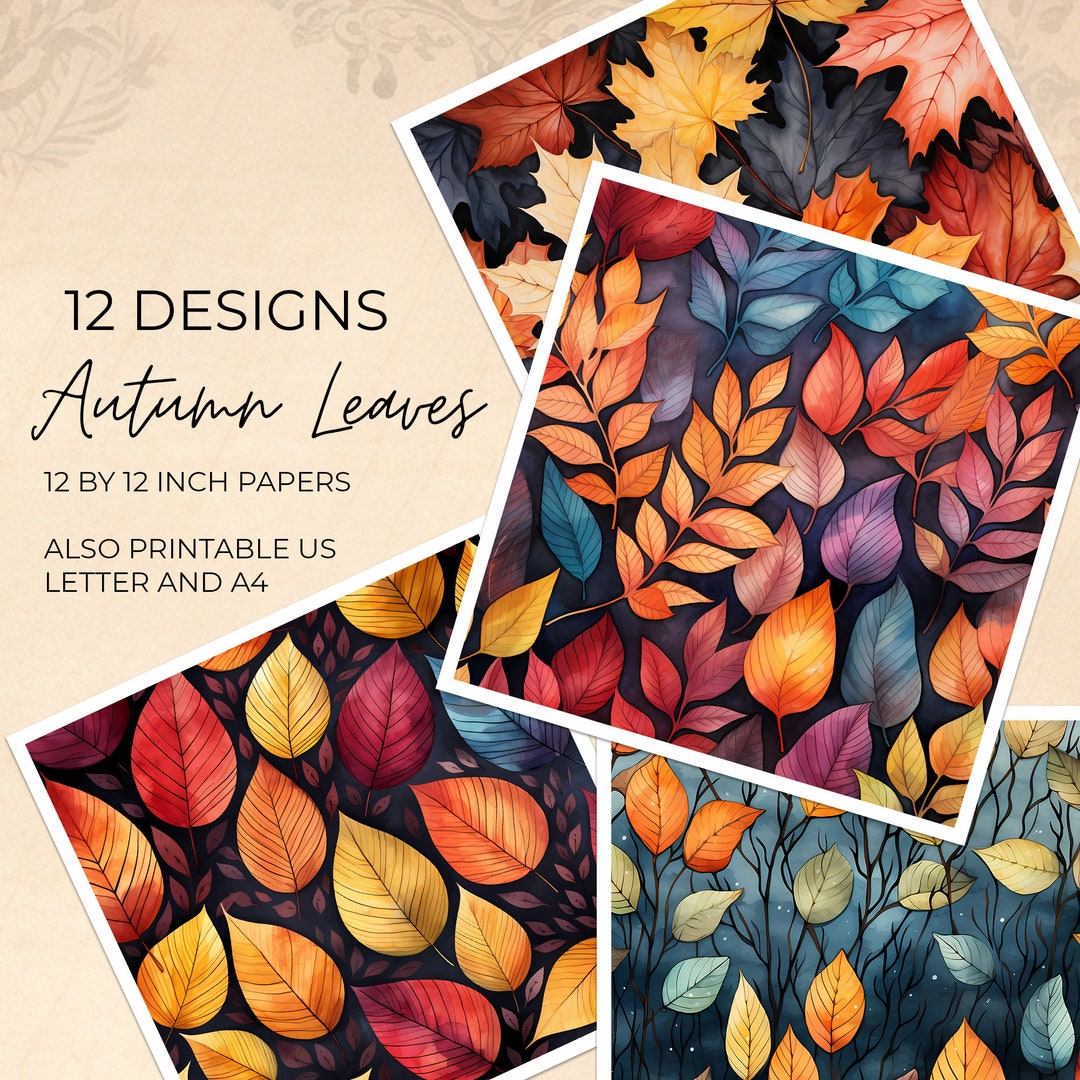 Watercolor Autumn Leaves Digital Paper, Dark Fall Background Papers ...