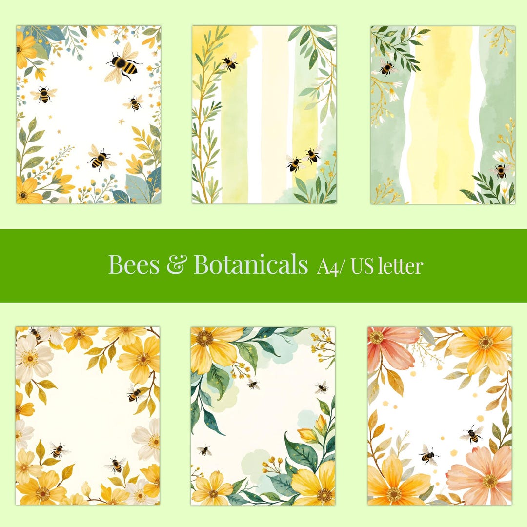 Bees & Botanicals Digital Paper Pack | Bright Bee Floral Printable ...