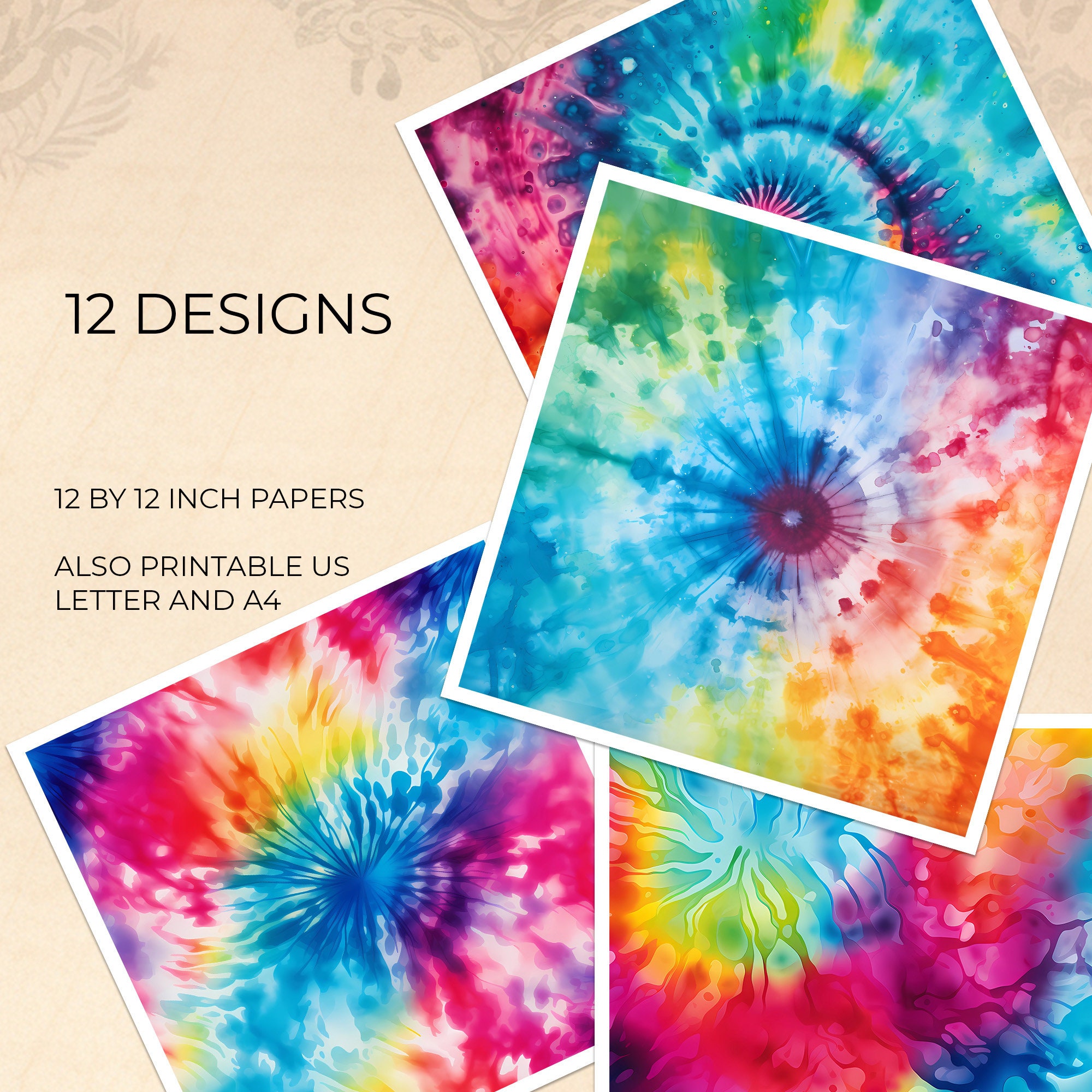 Tie Dye Printable Paper Pack Rainbow Digital Decorative Backgrounds for ...
