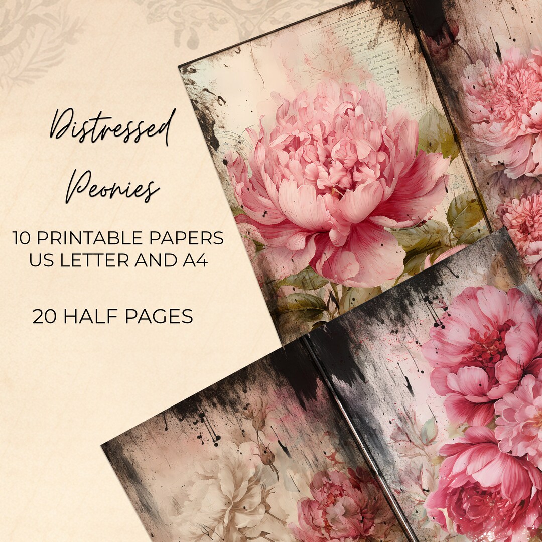 Distressed Peonies, Half Journal Pages, Grungy Floral Junk Journal ...
