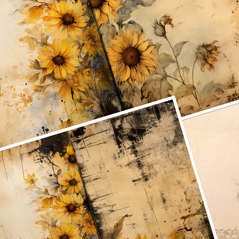 Sunflower Journal Pages, Floral Grungy Junk Journals, Printable Grunge ...