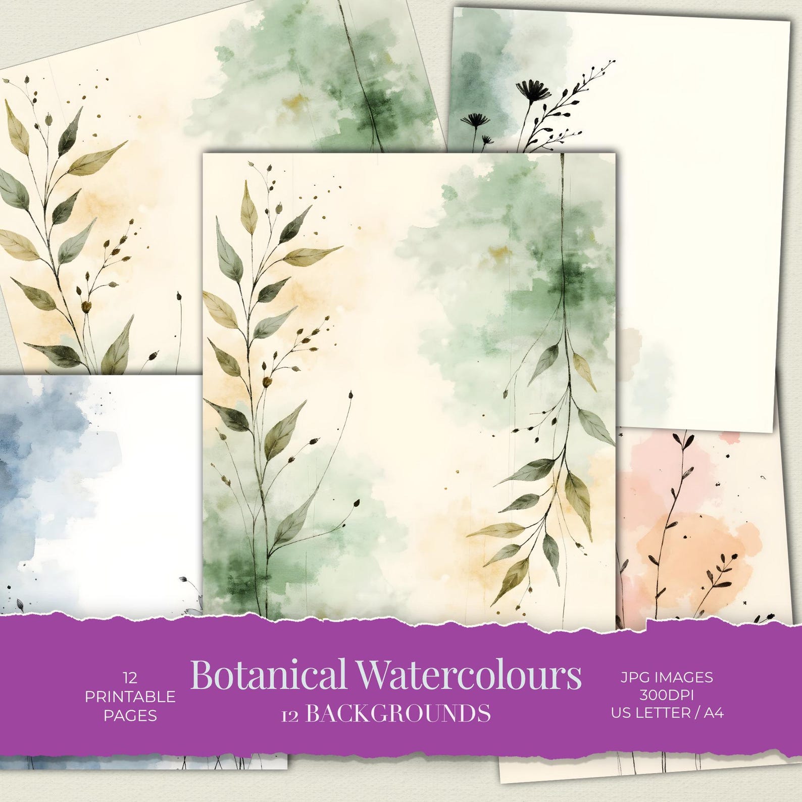 Botanical Watercolor Paper Pack | 12 Printable Junk Journal Backgrounds ...