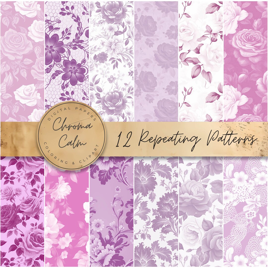 Pink Floral Digital Paper Pack, 12 Seamless Repeating Patterns (JPG/PDF ...