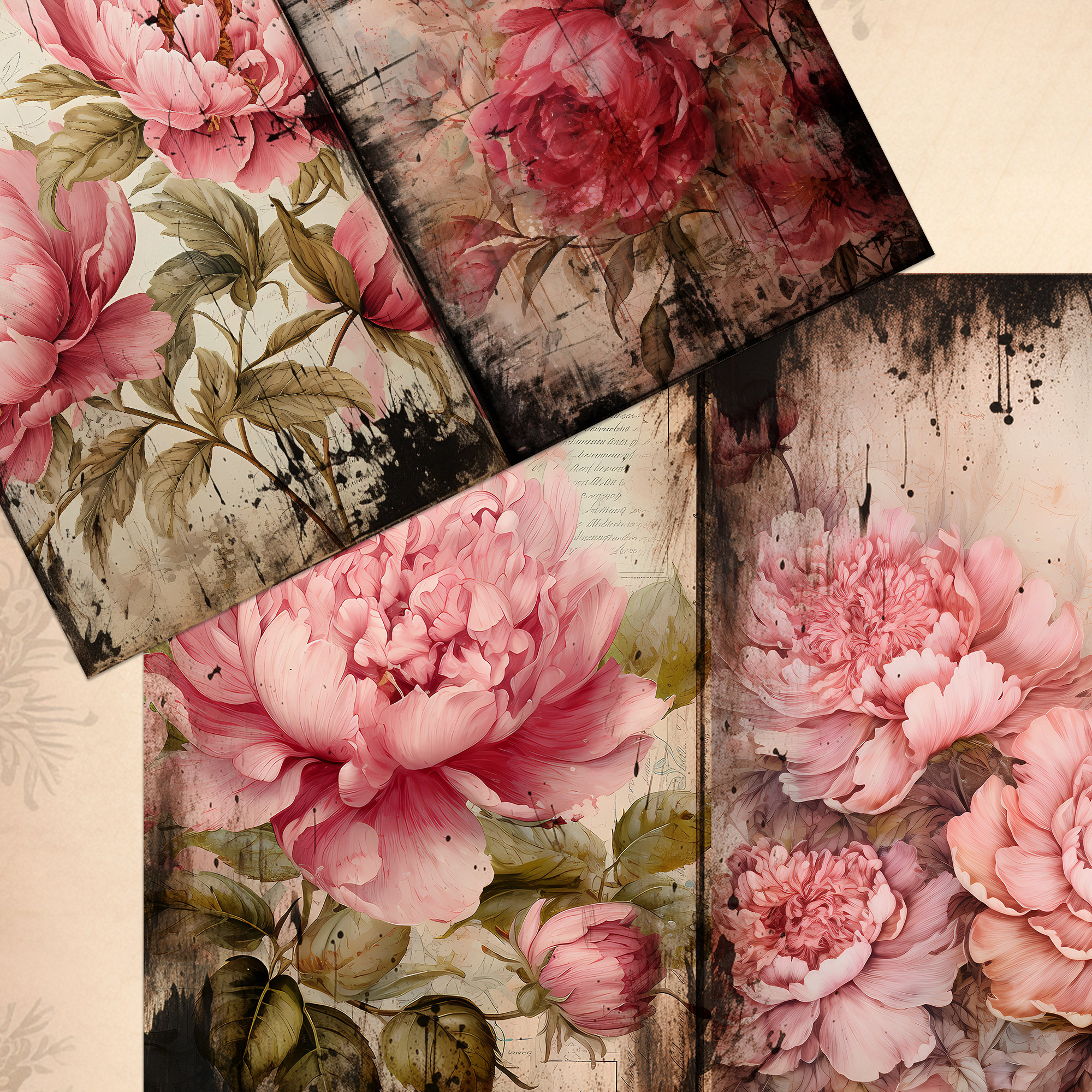 Distressed Peonies, Half Journal Pages, Grungy Floral Junk Journal ...