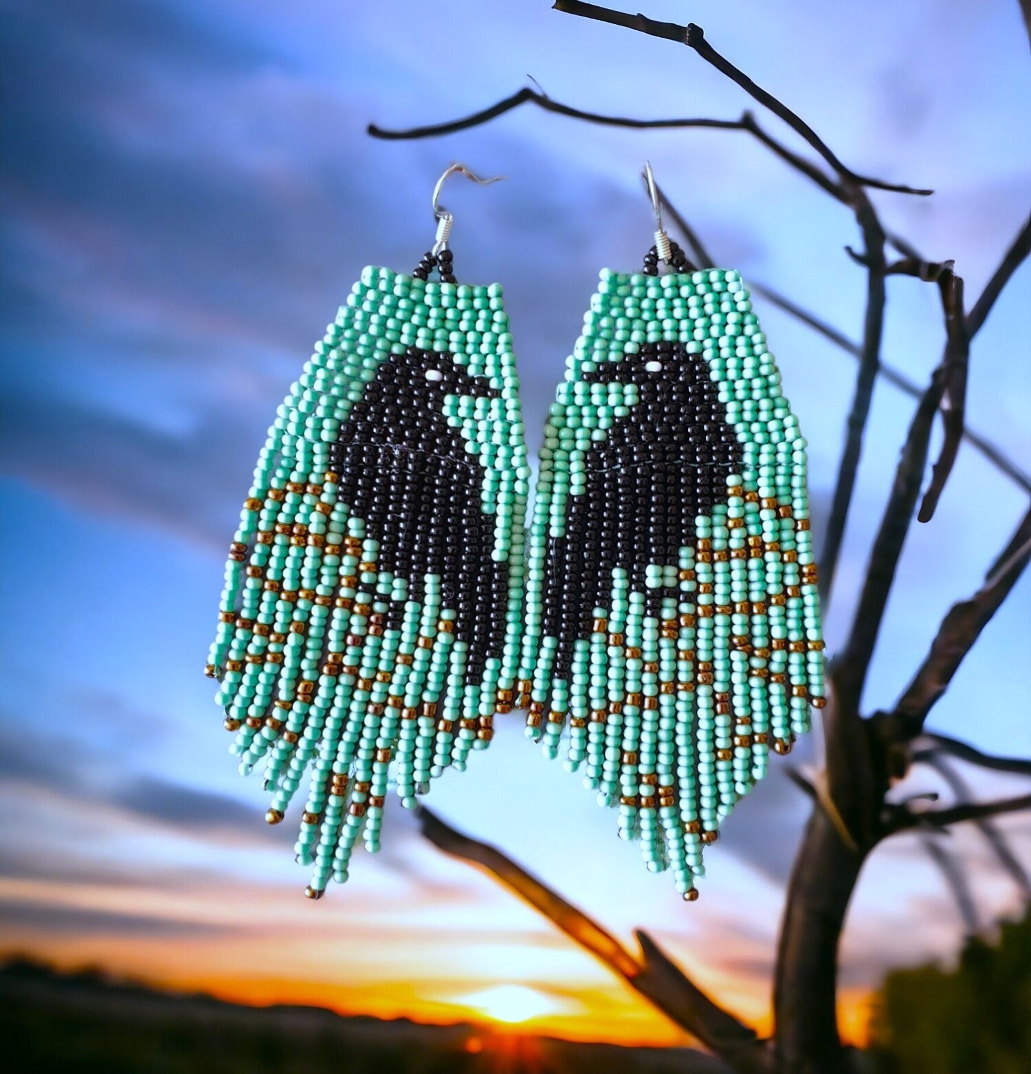 Crow Raven Long Beaded Fringe Earrings Witchy Black Bird Designs ...