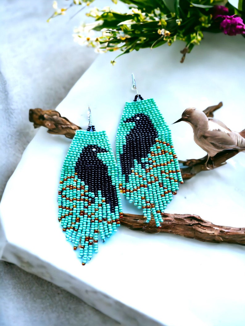 Crow Raven Long Beaded Fringe Earrings Witchy Black Bird Designs ...