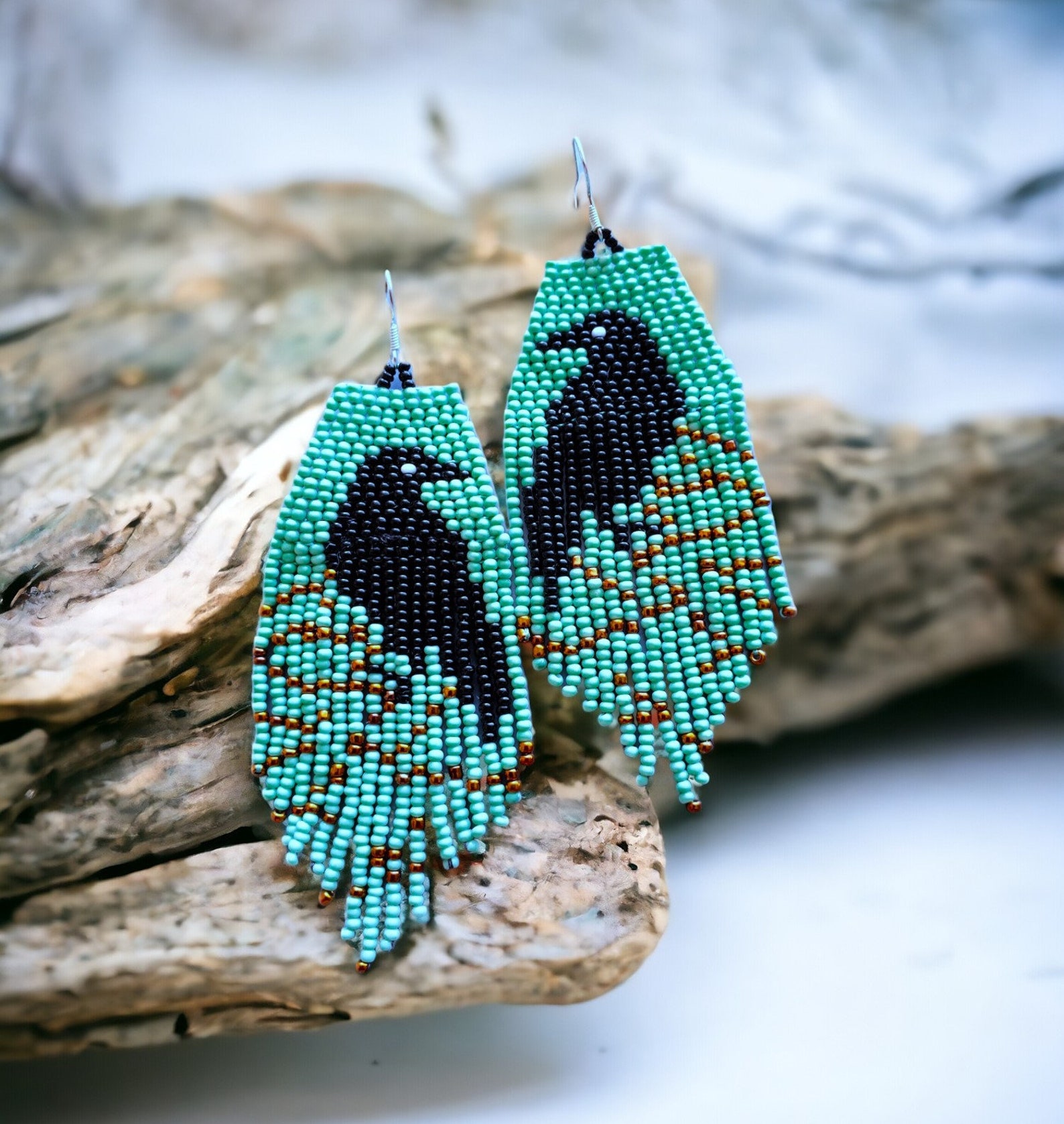 Crow Raven Long Beaded Fringe Earrings Witchy Black Bird Designs ...
