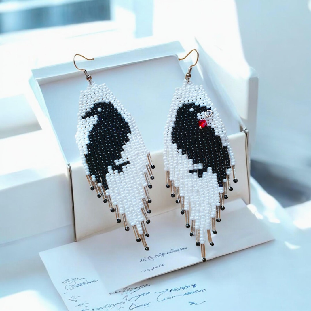 Beaded Crow Raven Earrings: Black & White Fringe, 925 Silver Hooks - Etsy