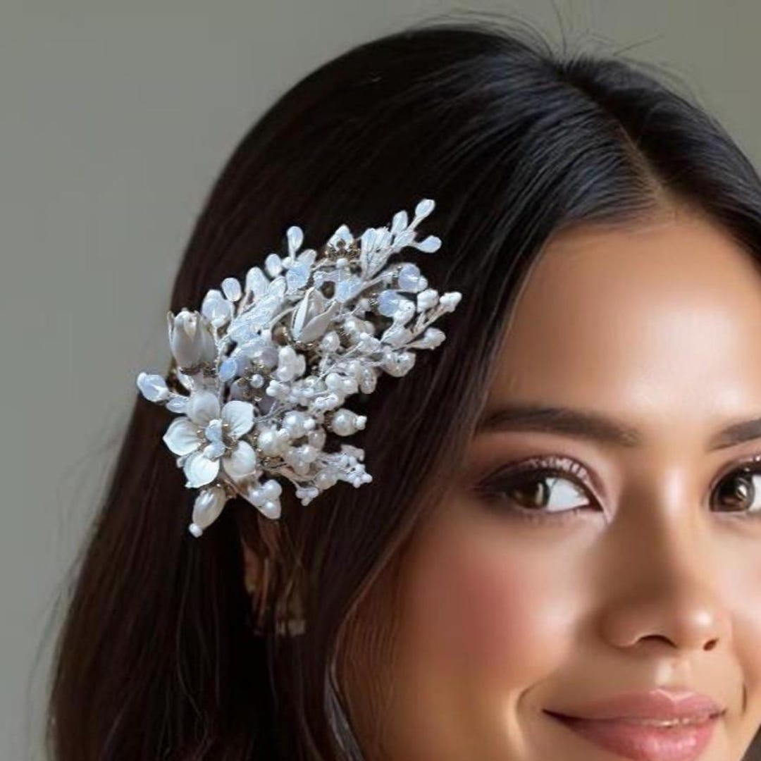 Large Pearl Hair Pin Boho Bridal Flower Headpiece Opal Blue Wedding ...