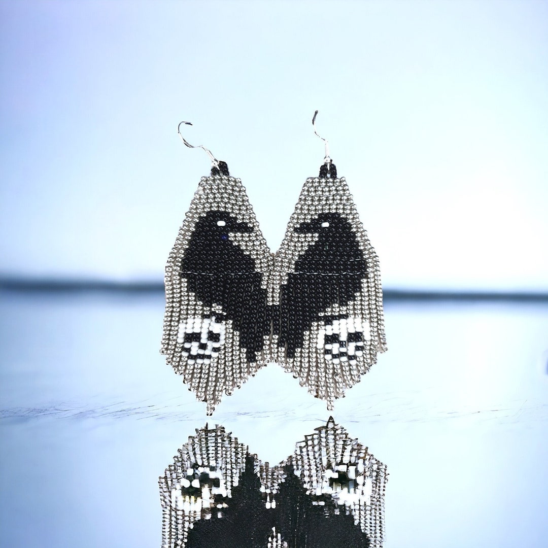 Long Crow Beaded Earrings Raven on Skull Earrings Handmade Fringe Black ...