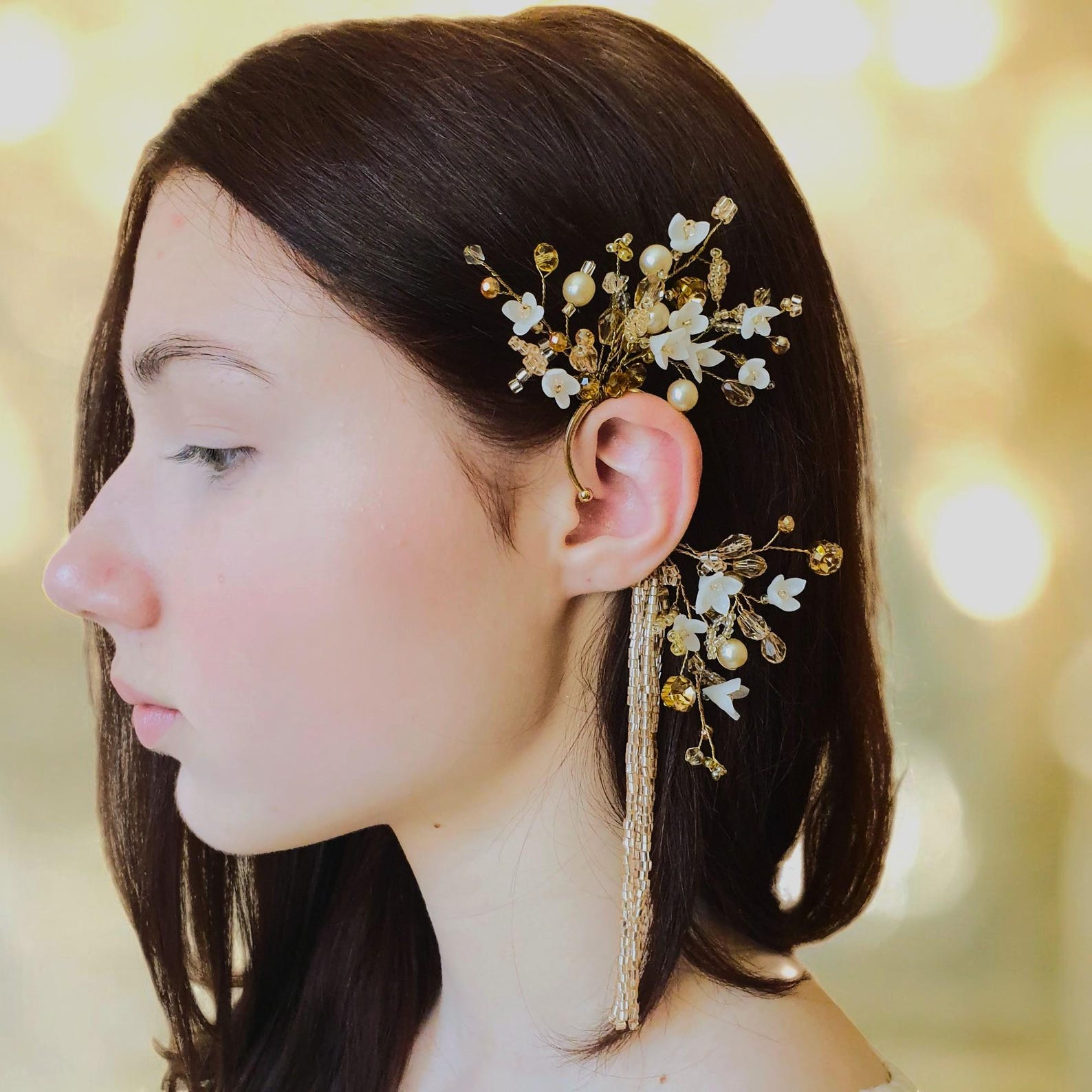 Gold Bridal Ear Cuff No Piercing Floral Ear Climber Wrap Dangle ...