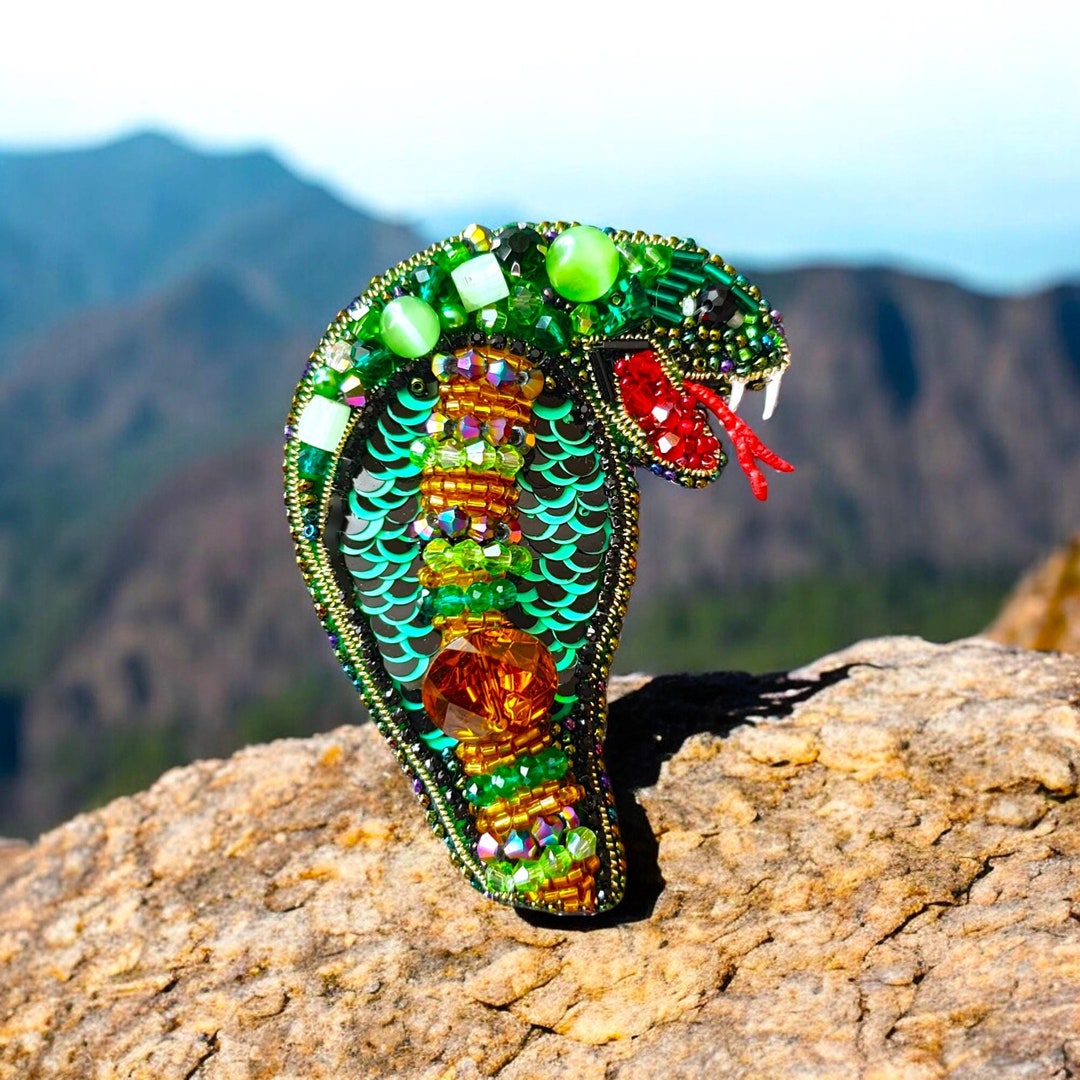 Beaded Brooch Wicked Snake Pin Extra Large Green Embroidered Cobra ...