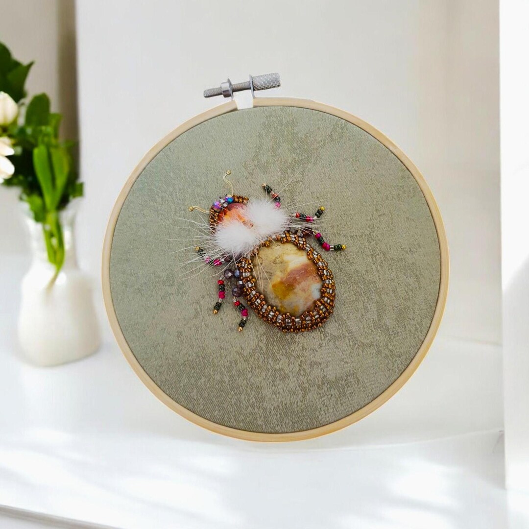 Bug Pinned Insects Finished Beaded Embroidery Hoop Art Lime Cream Art ...