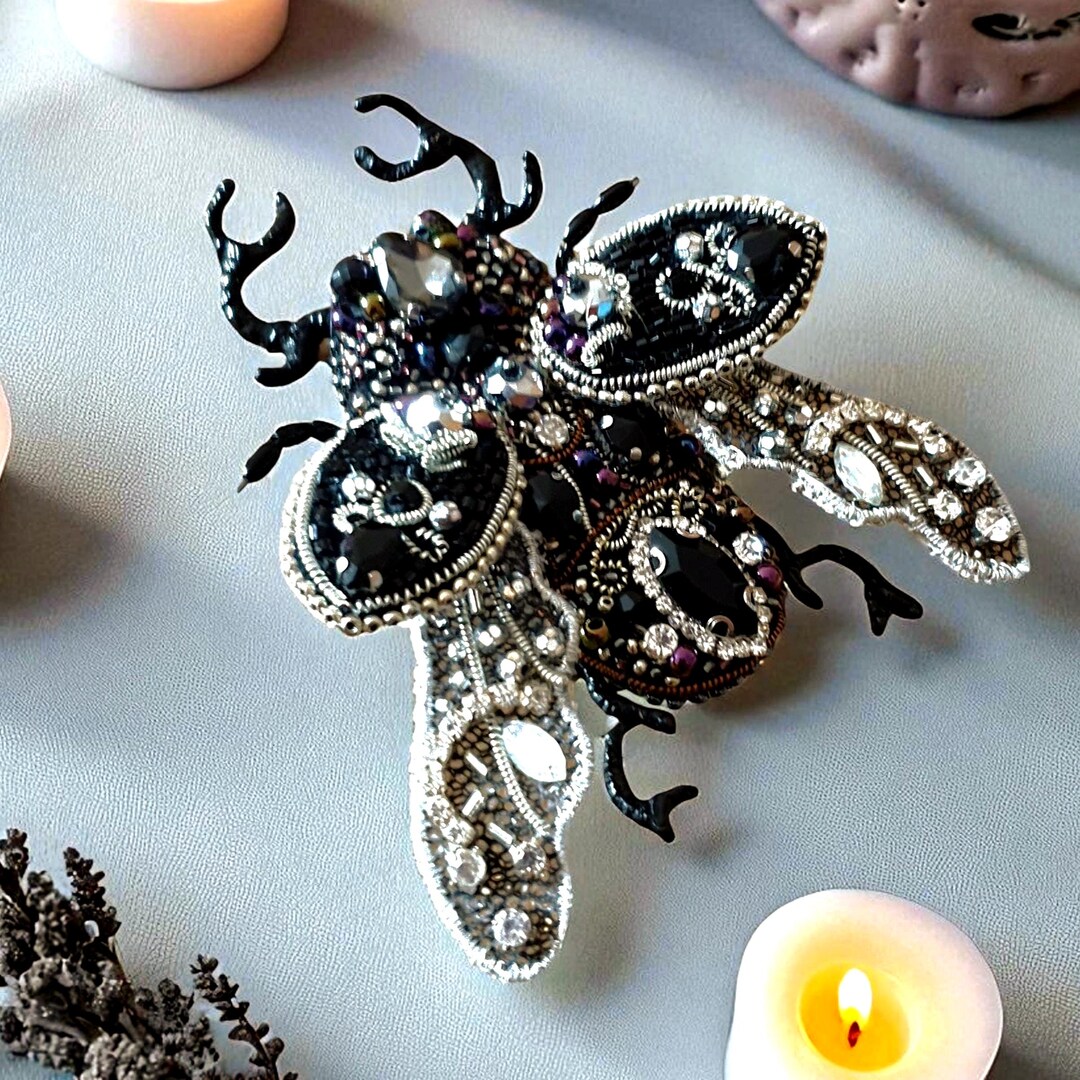 Large Stag Beetle Brooch Beaded Gothic Insect Pin With Embroidered ...