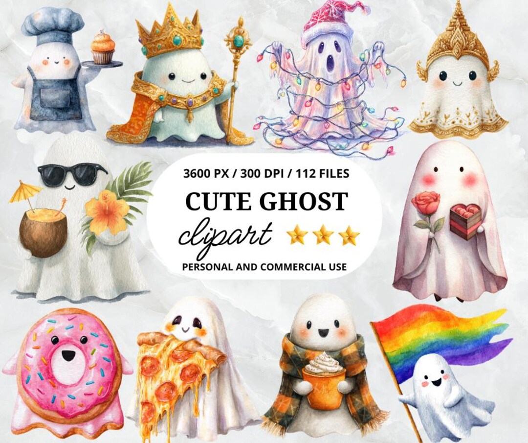 Cute Ghost Clipart PNG Bundle for Halloween Kawaii Ghost Graphics for ...