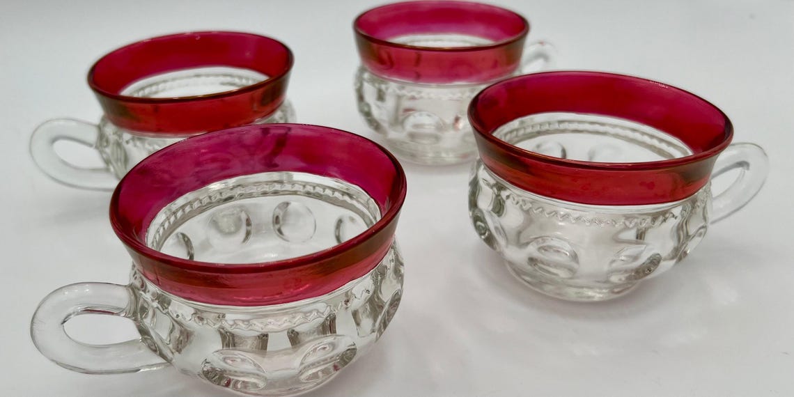 Rare Mid-century Punch Bowl Cup Set of 4 Vintage Kings Crown Ruby Red ...