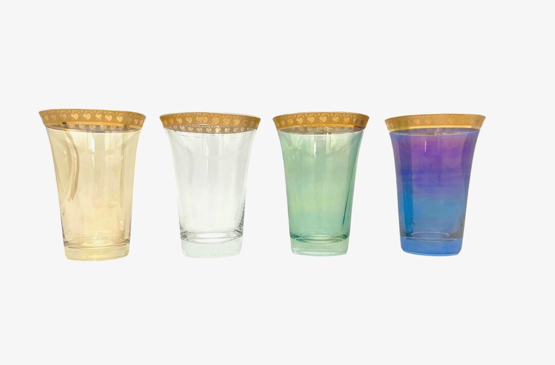 Neiman Marcus Italian Iridescent Glasses With Gold Heart Band – Set of ...