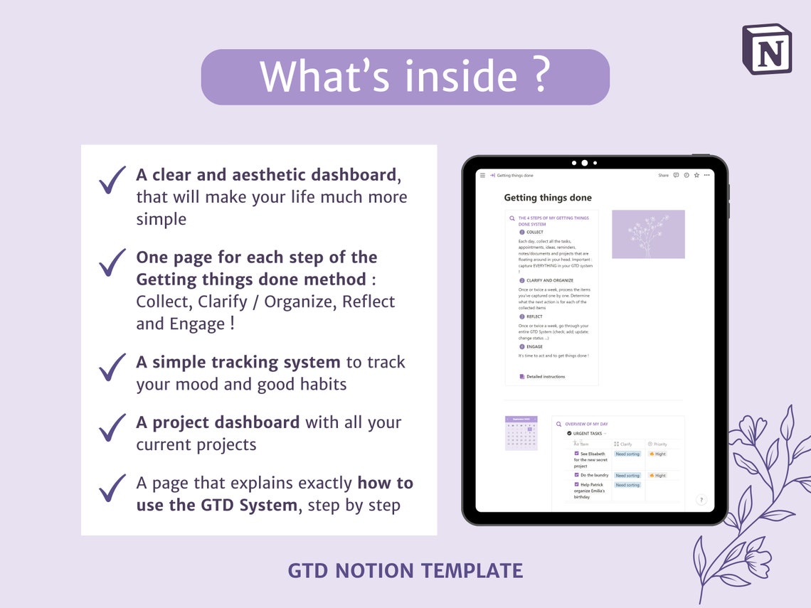 GTD Notion Template Getting Things Done Modèles GTD, GTD Digital, Modèle Purple Notion, Modèles ...