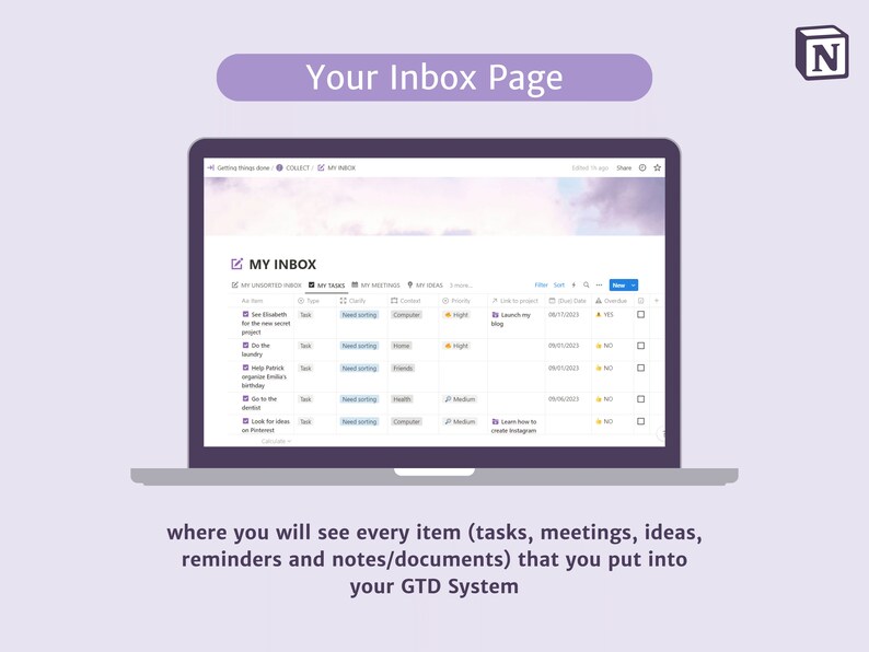 GTD Notion Template Getting Things Done - Modèles GTD, GTD Digital ...