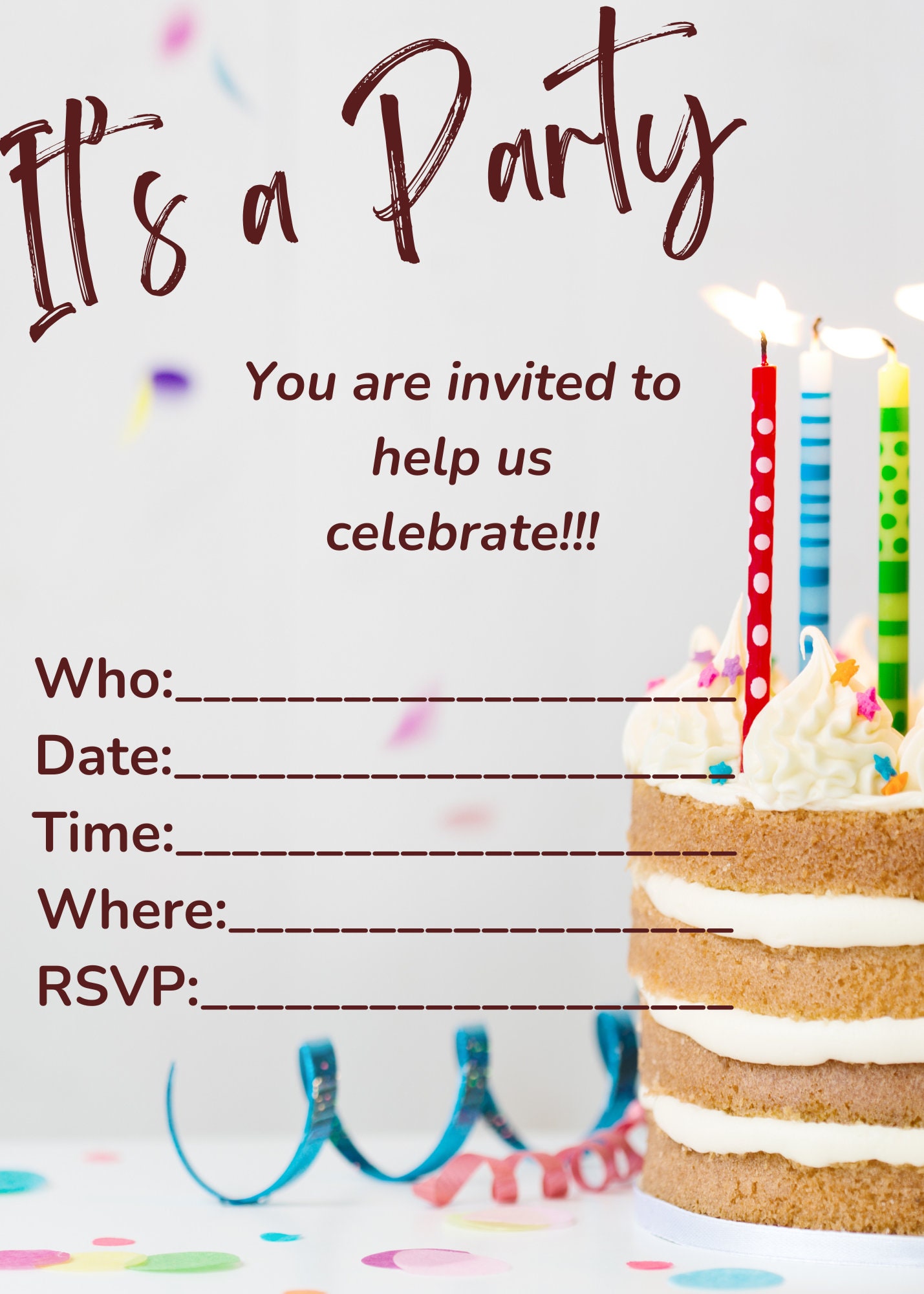 Birthday Invitation Blank, Digital Birthday Invitation, PDF , Birthday ...