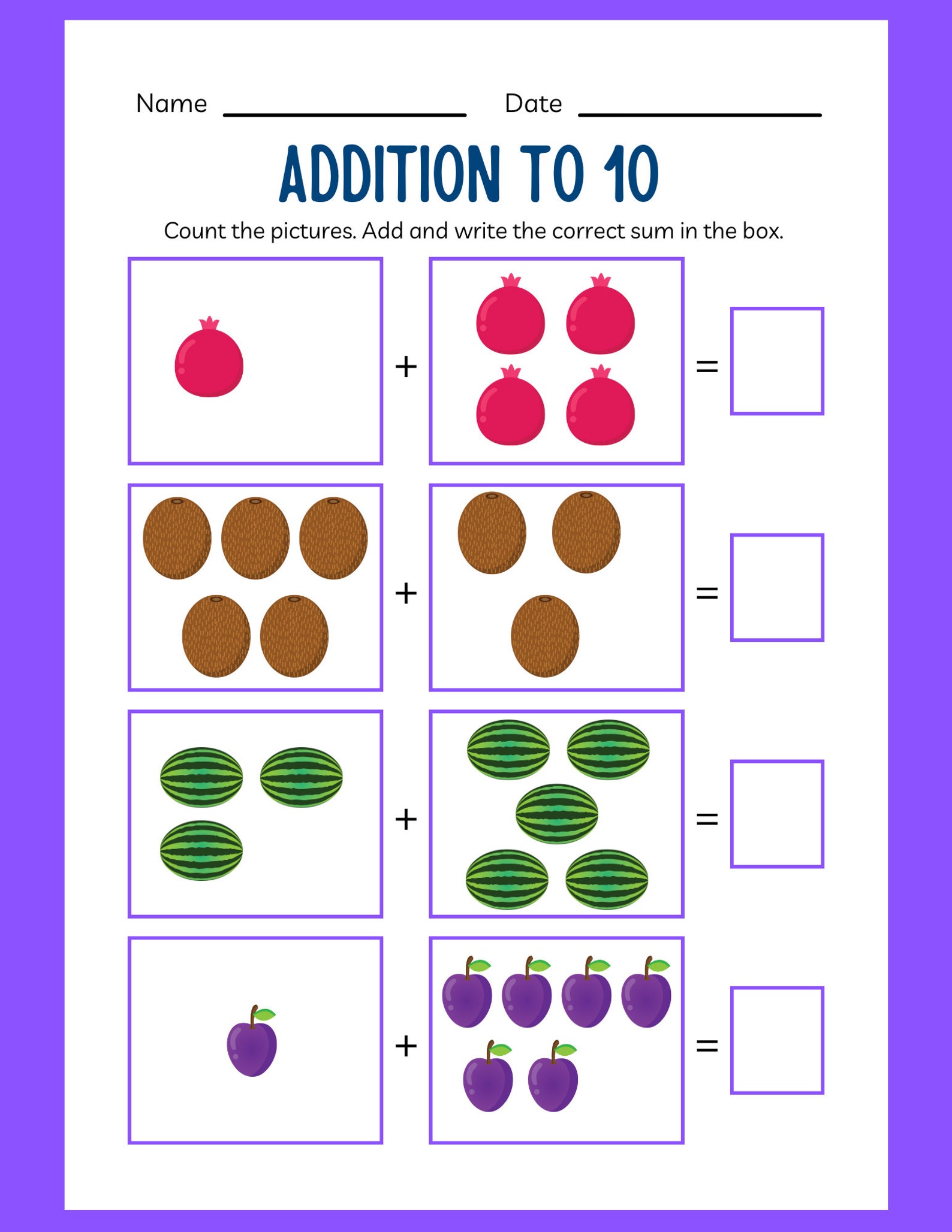 Kindergarten Addition Workbook, Digital File PDF, Printable, Math ...