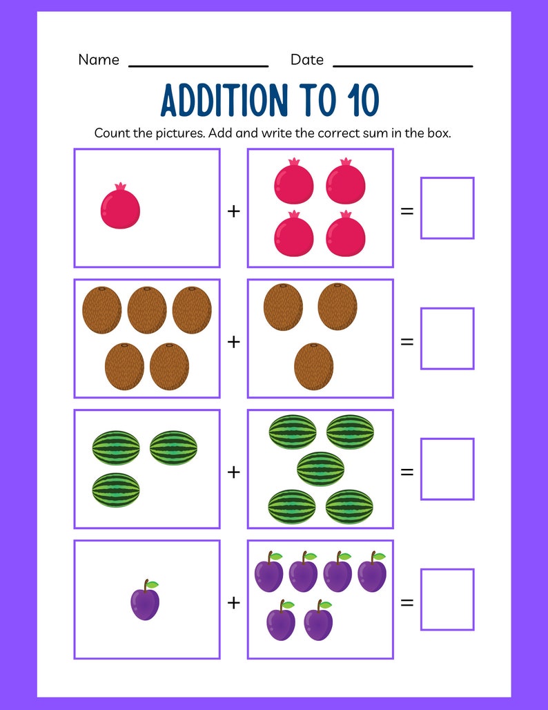 Kindergarten Addition Workbook, Digital File PDF, Printable, Math ...