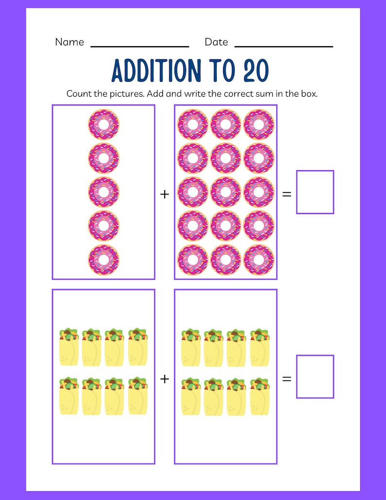 Kindergarten Addition Workbook, Digital File PDF, Printable, Math ...