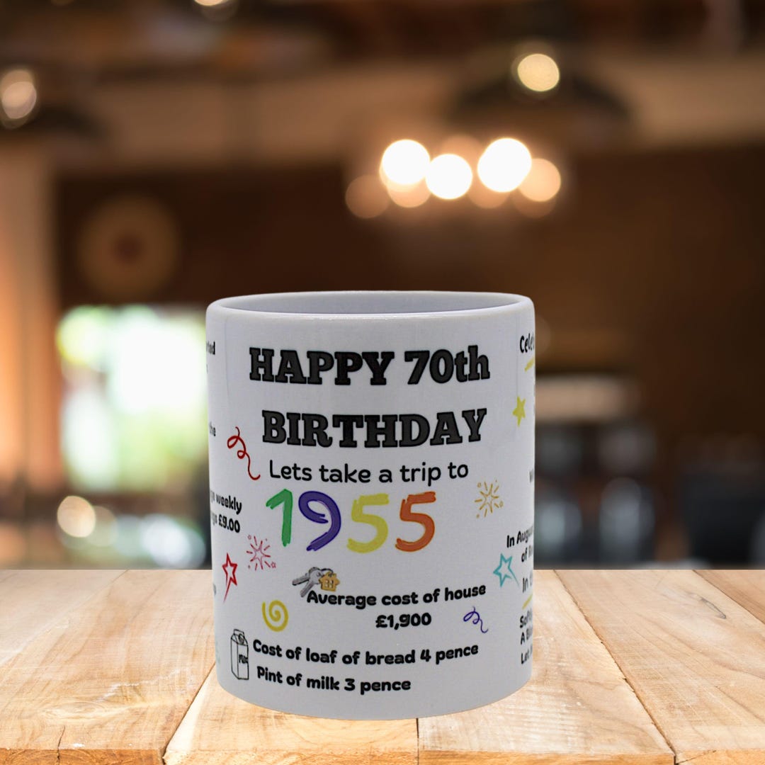 70th Birthday Mug: 1955 Fun Facts, Retro Coffee Cup - Etsy Australia