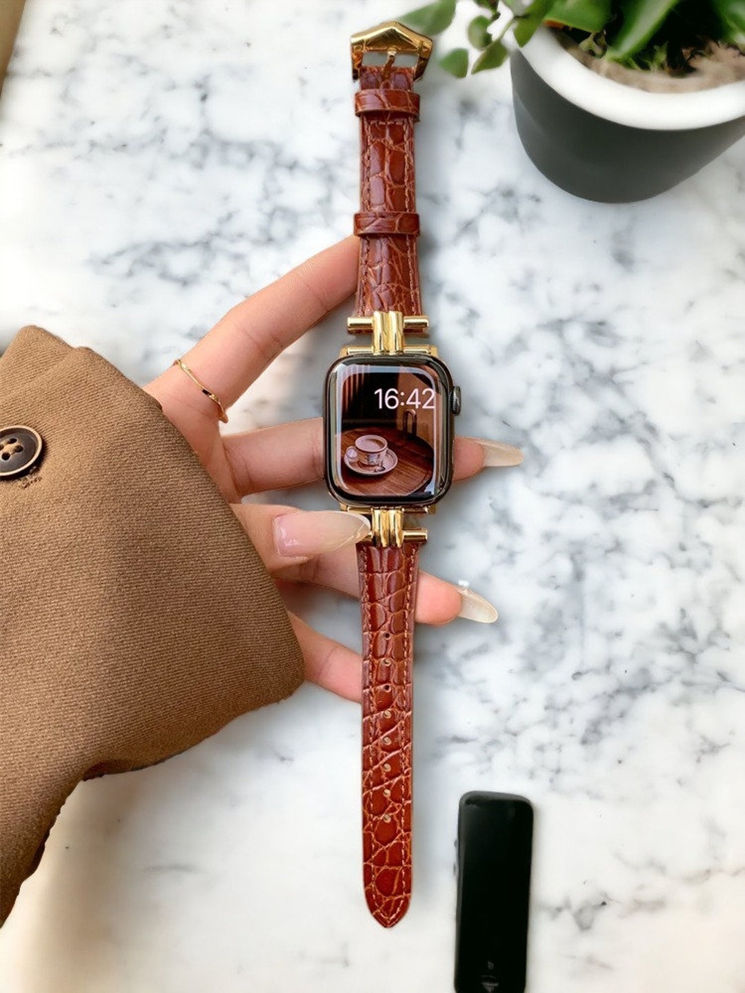 Luxury Gold Metal & Real Leather Band for Apple Watch Series - Etsy