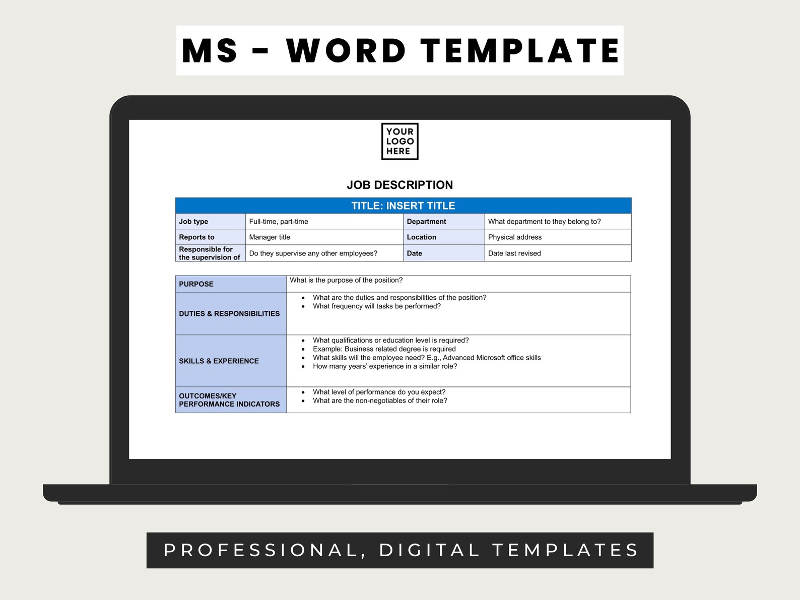 Job Description Template | Editable HR Form (MS Word, A4) (digital ...