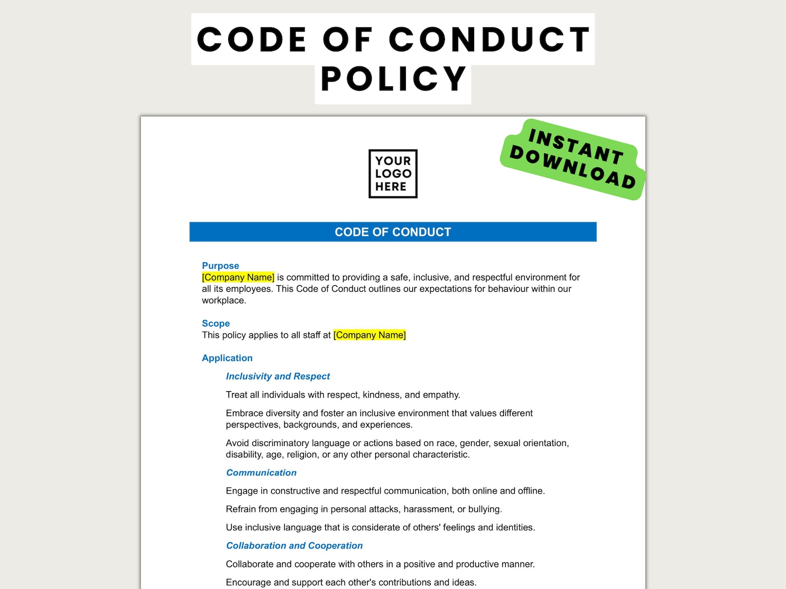 Code of Conduct Policy | Editable HR Template (MS Word) - Etsy