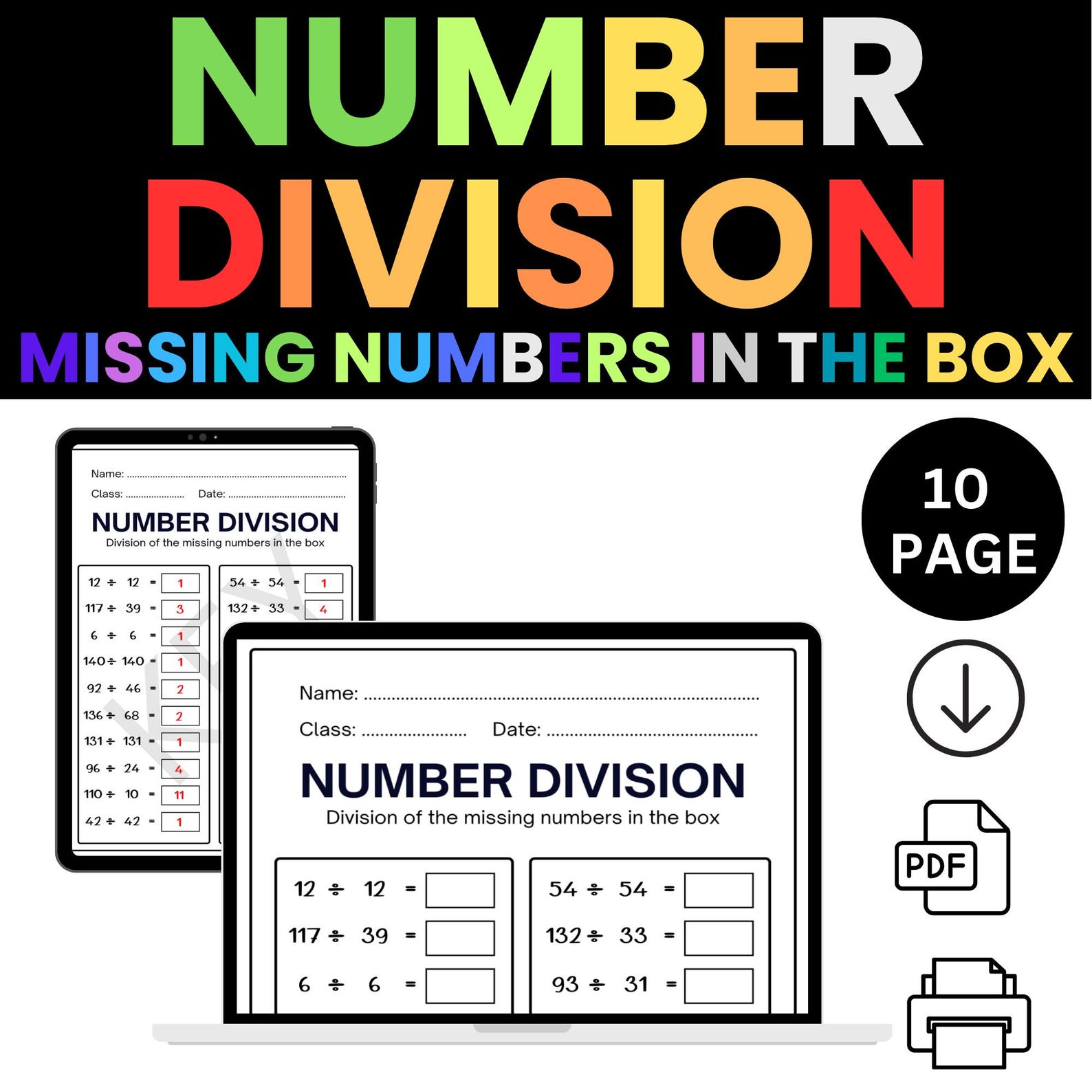 Fun Division Worksheets With Missing Numbers in the Box 10 Pages 200 ...