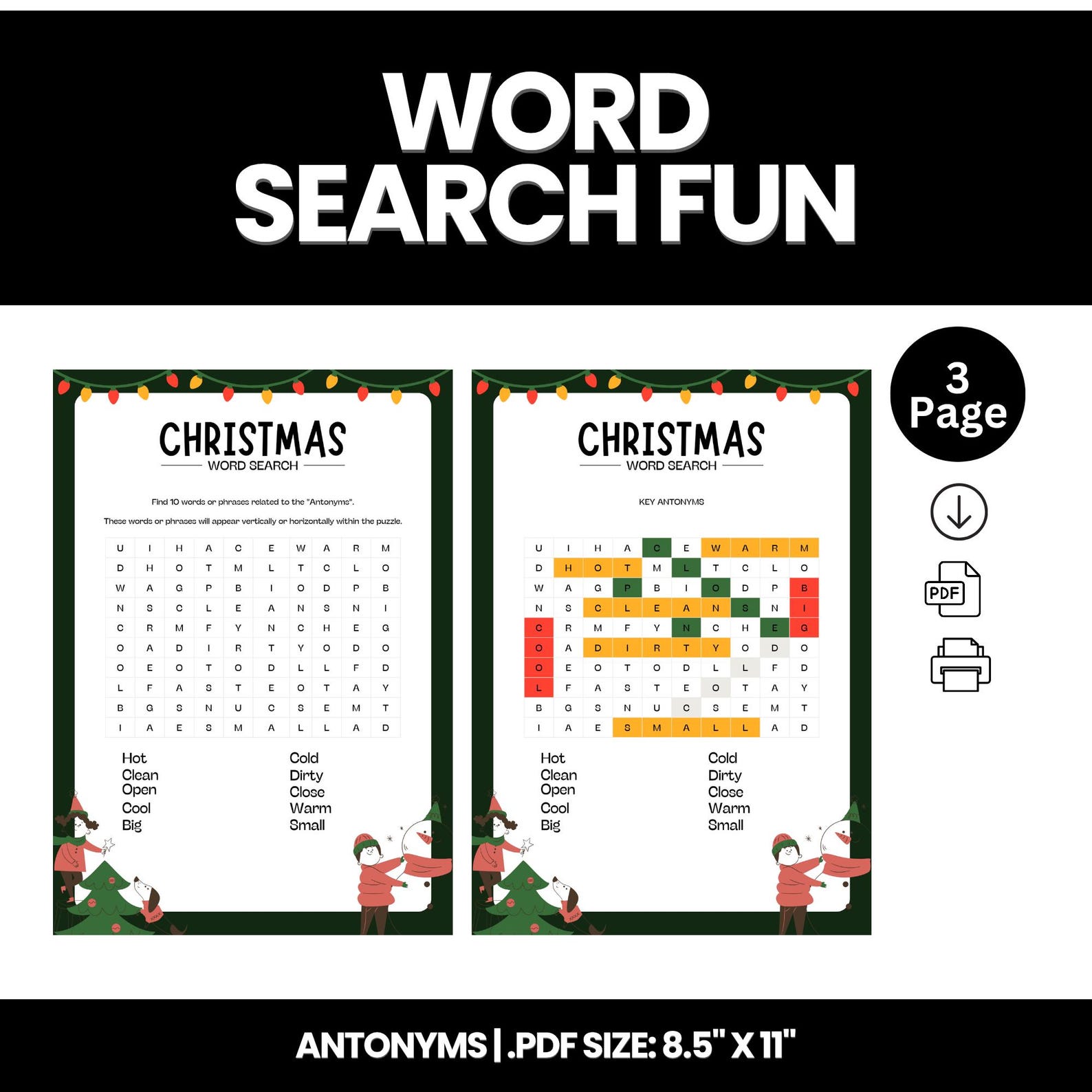 Christmas Antonyms Word Search Printable Holiday Vocabulary Worksheets ...