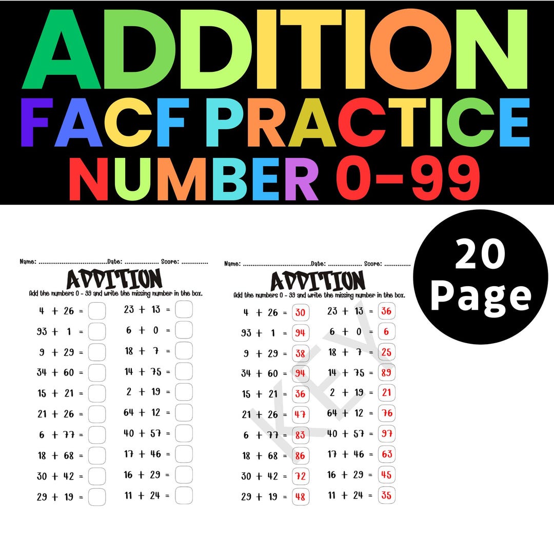Work Sheets for Kids Addition Practice Worksheets: Numbers 0-99 Fun ...
