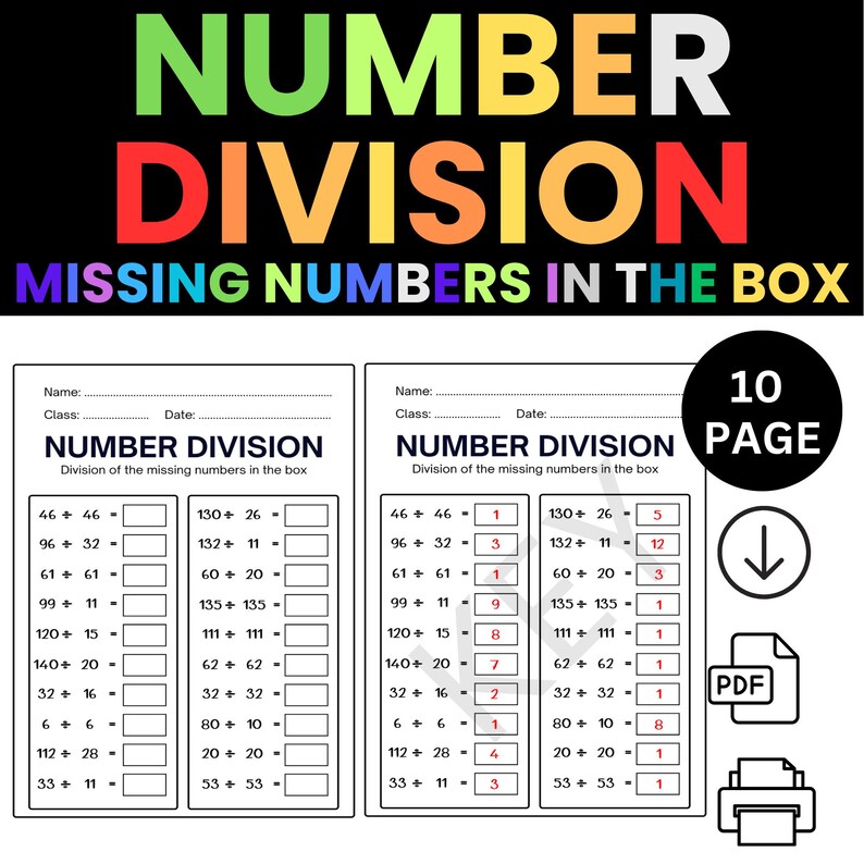 Fun Division Worksheets With Missing Numbers in the Box 10 Pages 200 ...