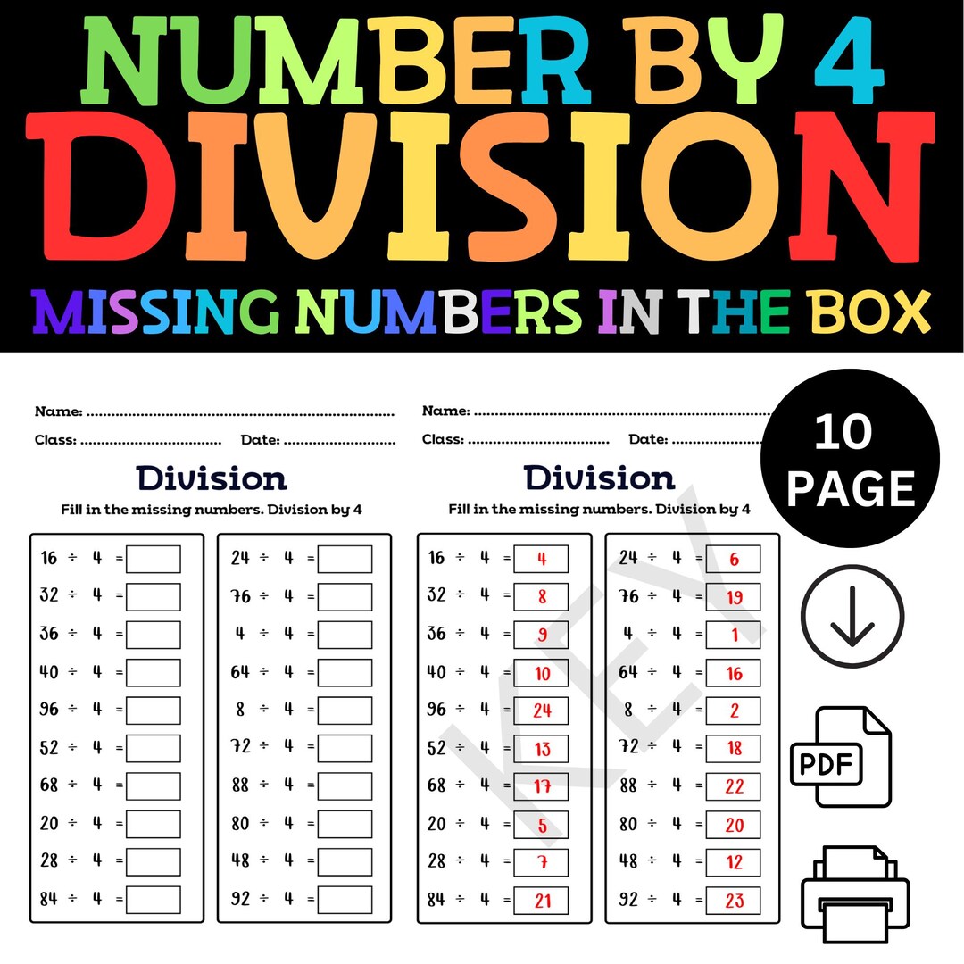Division by 4 Worksheets: 200 Math Problems, Homeschool Printable (PDF ...