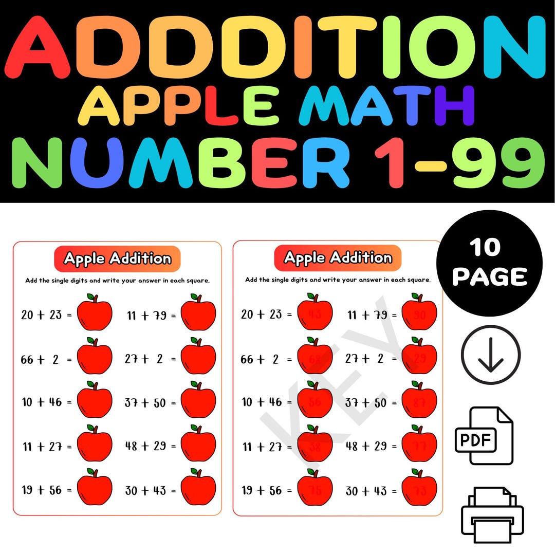 Apple Addition Worksheet for Kids Single-digit Addition Practice 220 ...