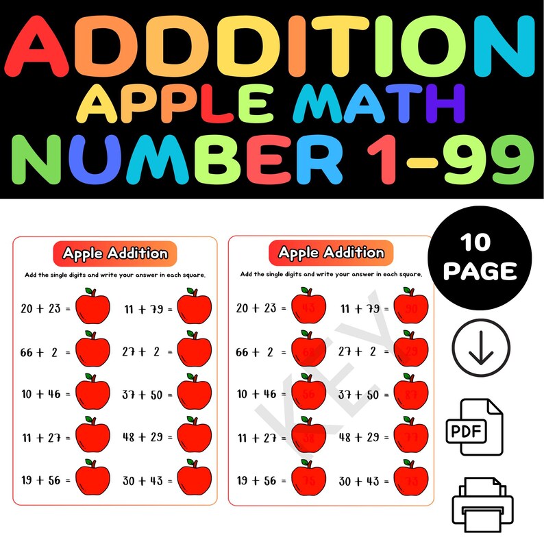 Apple Addition Worksheet: 220 Single-digit Problems (PDF) - Etsy