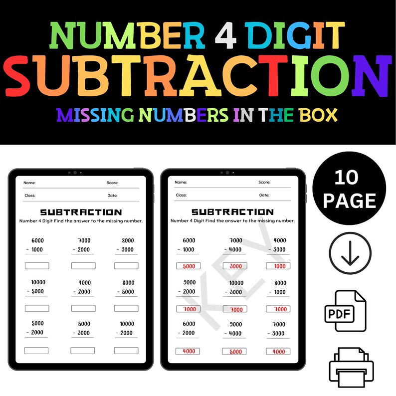 4-digit Subtraction Worksheet: Missing Numbers, Homeschool Math (PDF ...