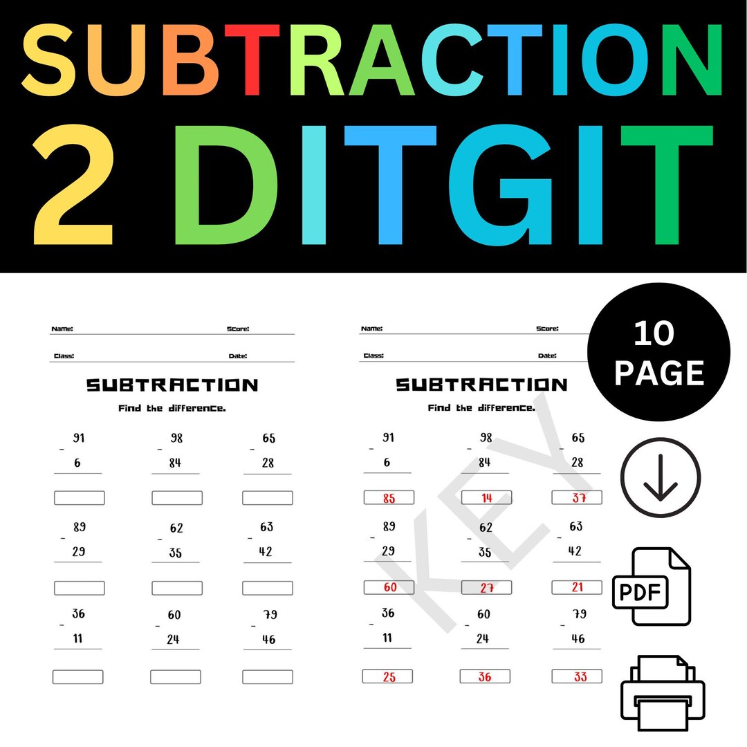 2-digit Subtraction Worksheets 10 Pages With Answer Key Grade 1 Math ...