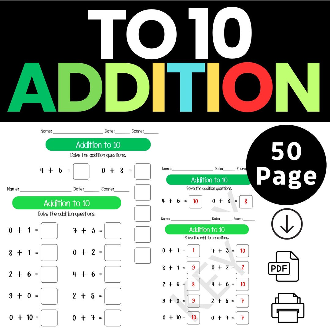 Addition to 10 Math Worksheets: Kindergarten & Preschool Practice ...