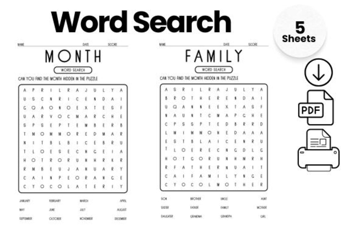 Puzzle Word Search Month Family Weather Color Shapes Challenge ...