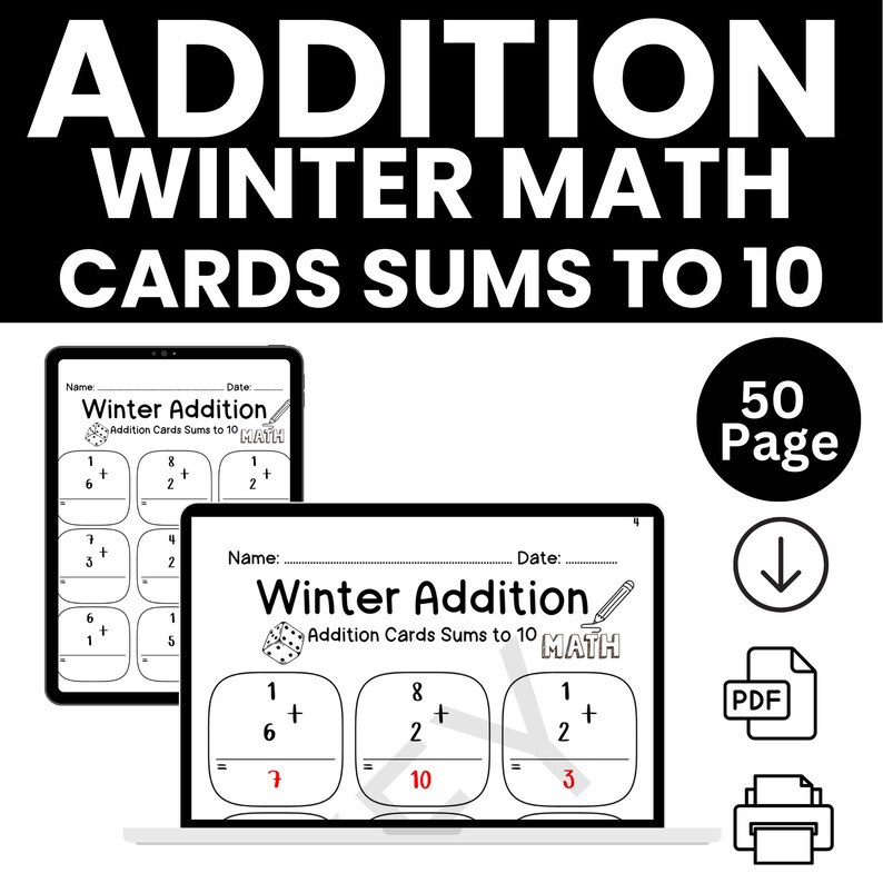 Worksheets for Kids Addition Winter Math Cards Sums to 10 - Fun and ...