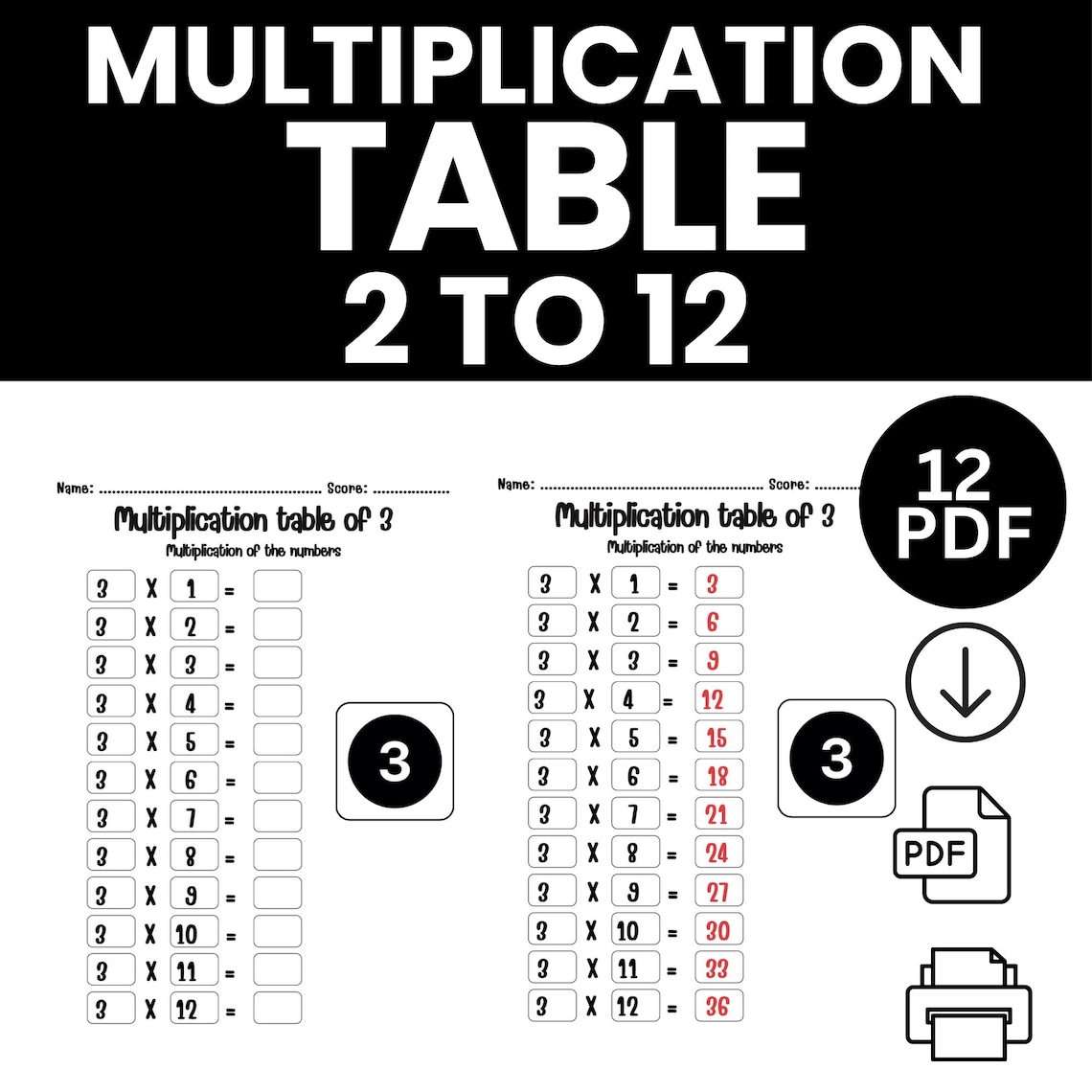 Math Worksheets Multiplication Table 2-12 Printable Math Chart for Kids ...