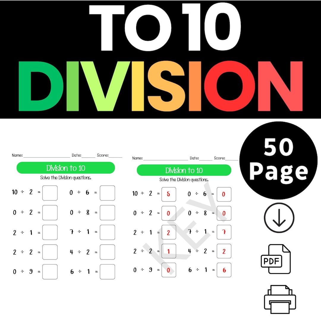 Division Worksheets for Kids: Math Practice to 10 (PDF) - Etsy