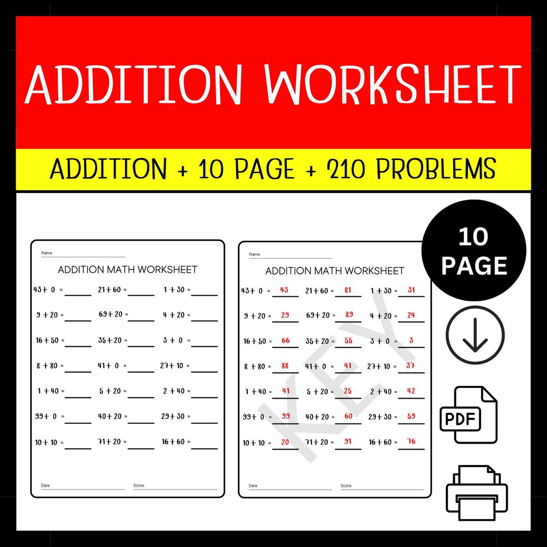 1st Grade Addition Worksheets: 210 Math Problems, Answer Key (PDF) - Etsy