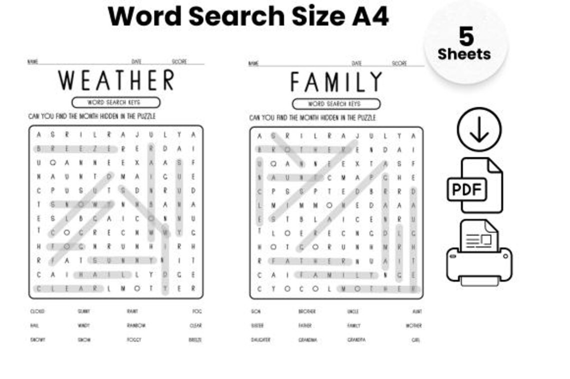 Puzzle Word Search Month Family Weather Color Shapes Challenge ...