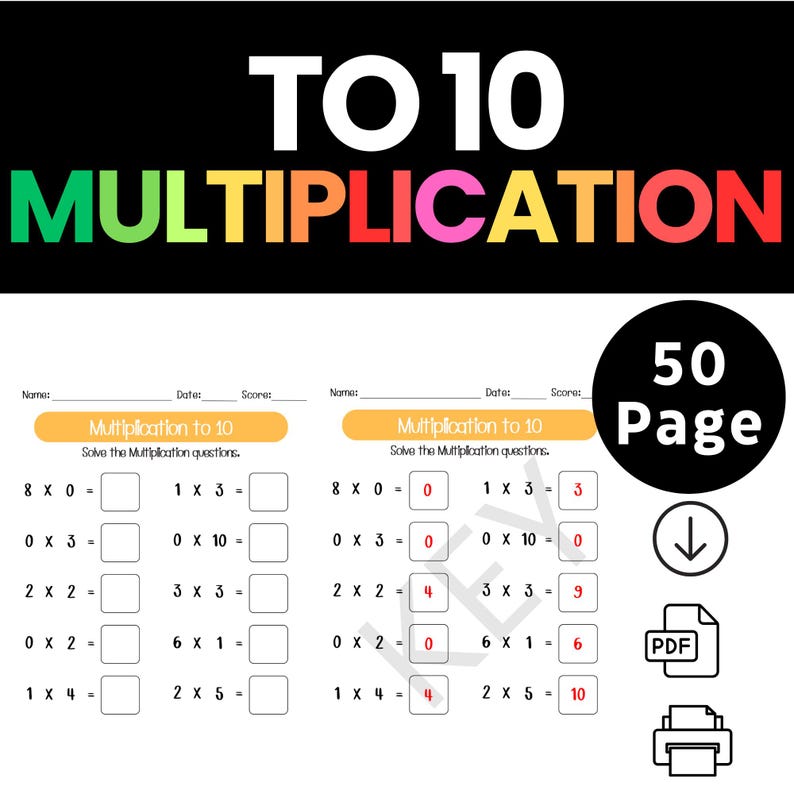 Work Sheets for Kids Basic Multiplication Worksheets to 10 50 Pages of ...